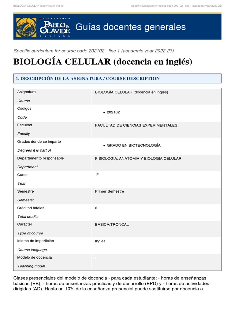 2022-23 202102 GG L1 V0 Biologia-Celular-Docencia-En-Ingles | PDF | Laboratorios | Experimentar