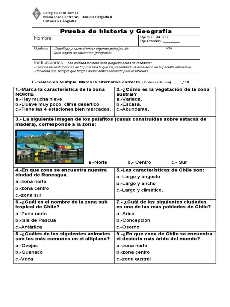 Prueba Tipos de Paisajes Chile | PDF