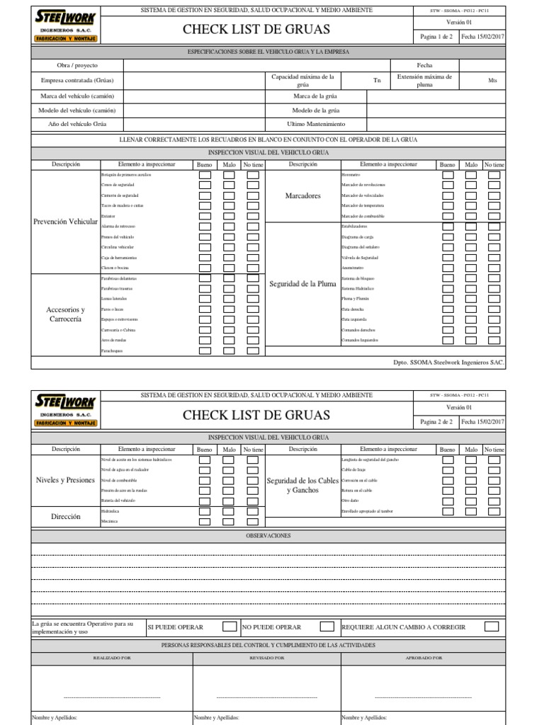 Checklist de Seguridad para Grúas | PDF | Camión | Estilos de carrocería