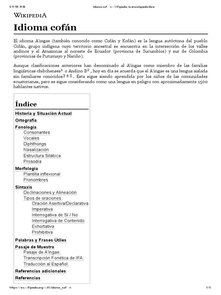 Idioma Cofán - Wikipedia, La Enciclopedia Libre | PDF | Lingüística | Comunicación humana