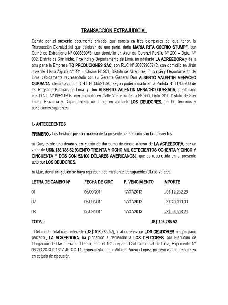 Transaccion Extrajudicial - Alberto Menacho - Maria Rita Osorio | PDF ...