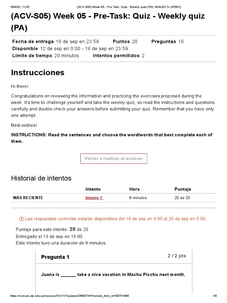 (ACV-S05) Week 05 - Pre-Task - Quiz - Weekly Quiz (PA) - INGLES IV (47891) | PDF