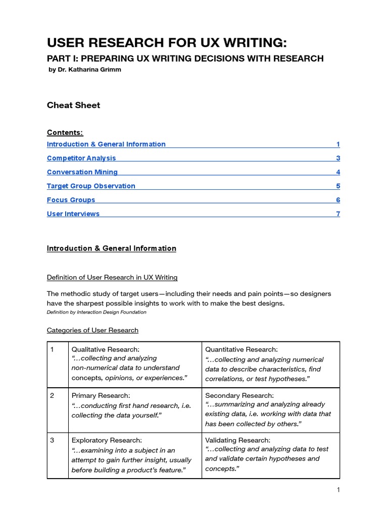 UXWriting Research 1 CheatSheet | PDF | Focus Group | Communication