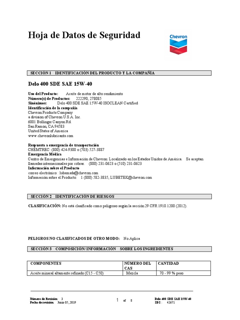 Hoja-De-Seguridad Chevron Delo 400 SDE 15W40 CK4 | PDF | Toxicidad ...