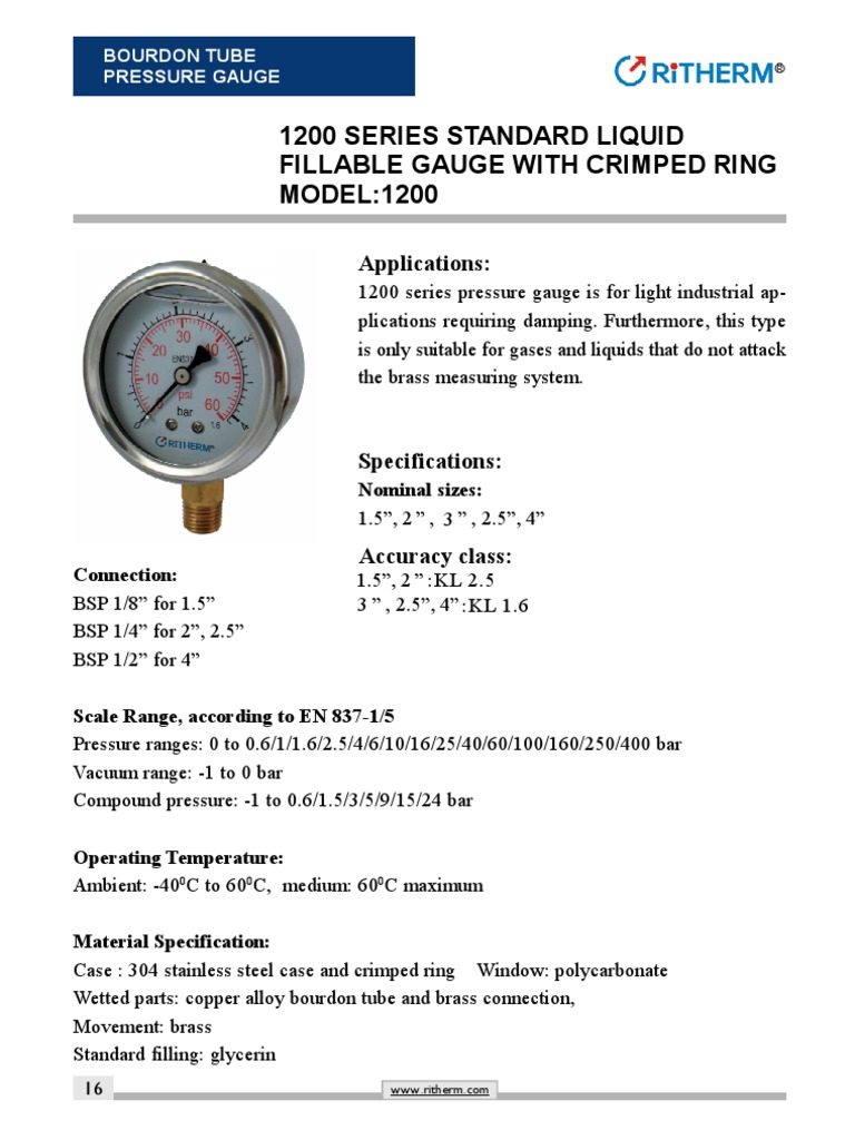 Ritherm 1200 Series Pressure Gauge Specs | PDF