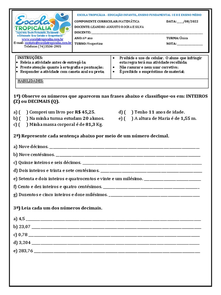 Atividade de Matemática sobre Números Decimais para Alunos do 6o Ano ...