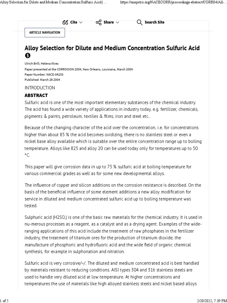 Alloy Selection For Dilute and Medium Concentration Sulfuric Acid NACE CORROSION OnePetro | PDF ...
