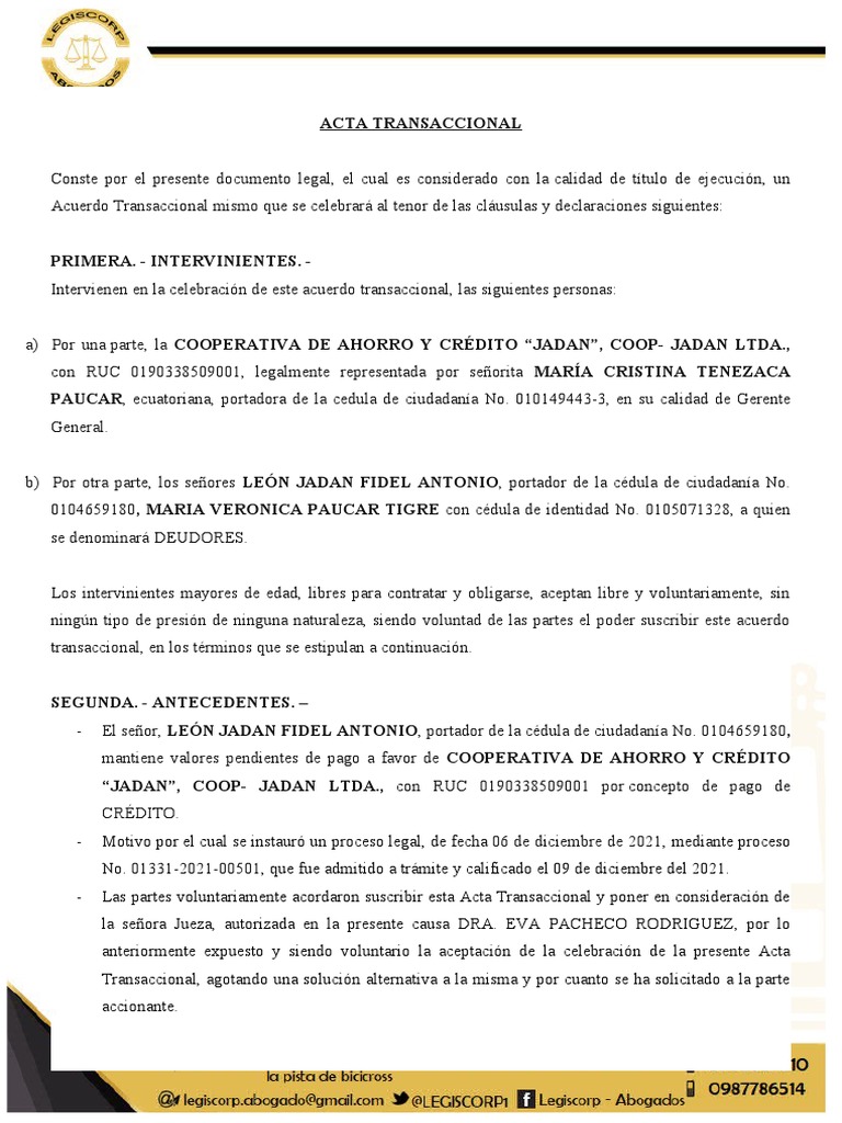 Acta Transaccional Fidel Leon - Paucar | PDF | Crédito | Finanzas y ...