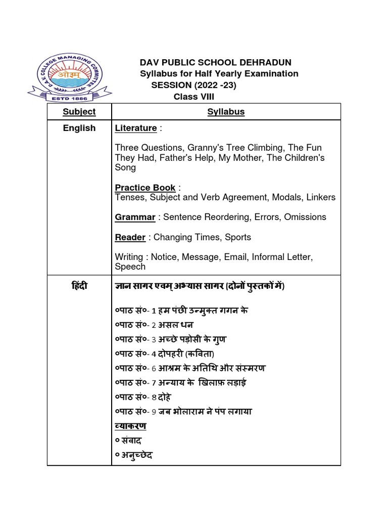 Class 8 Syllabus For Half Yearly Examination (2022 - 23) | PDF