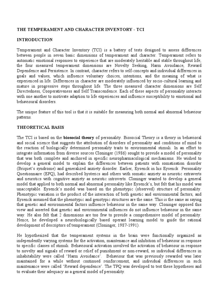 Temperament and Character Inventory | PDF | Temperament | Personality ...