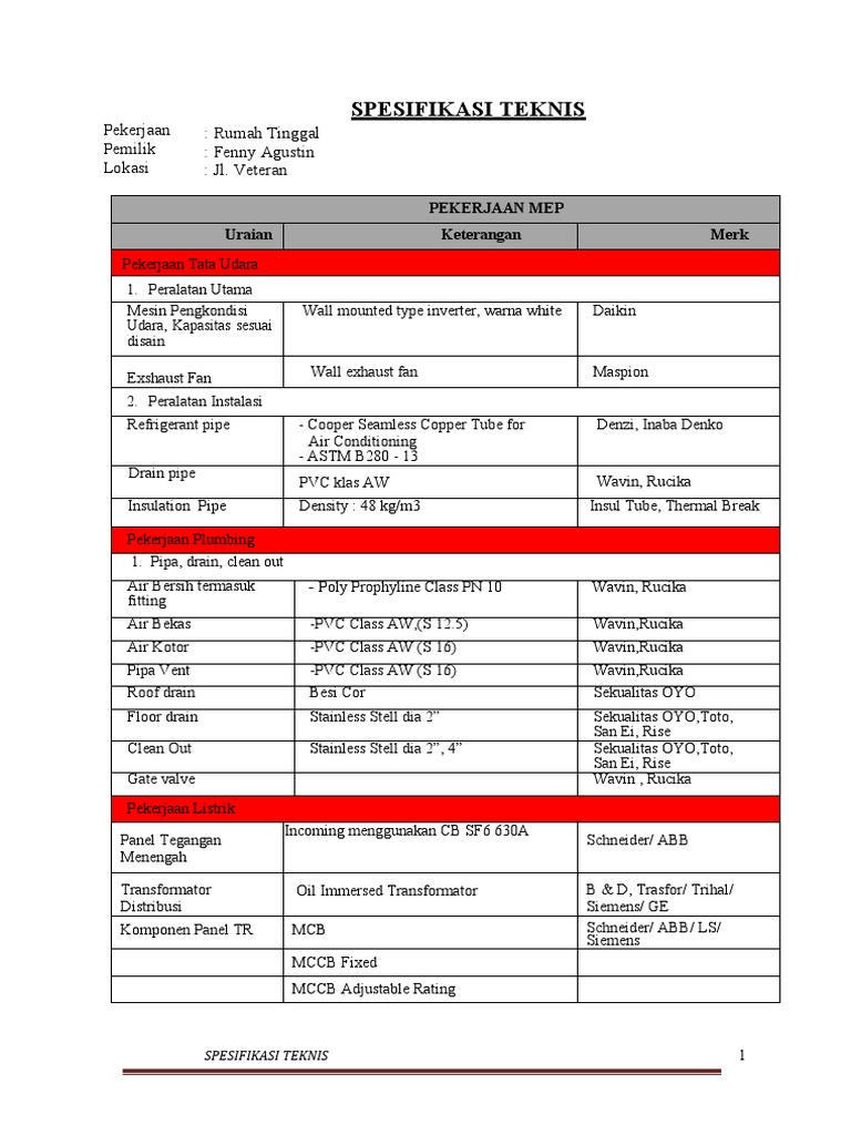 Technical Specifications for Mechanical, Electrical, and Plumbing Works for a Residential House ...