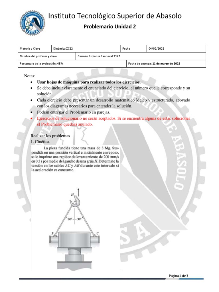 Problemario Dinamica U2 2022 | PDF