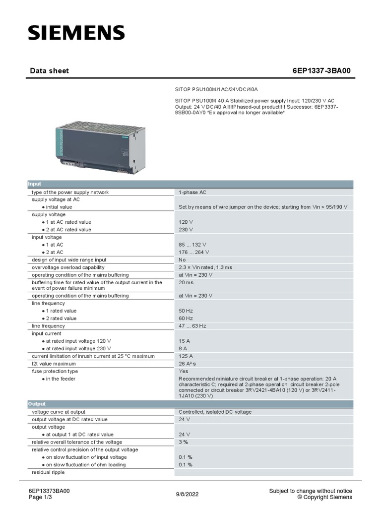 Sitop Psu100m 1ac 24VDC 40a 6ep13373ba00 | PDF | Mains Electricity ...