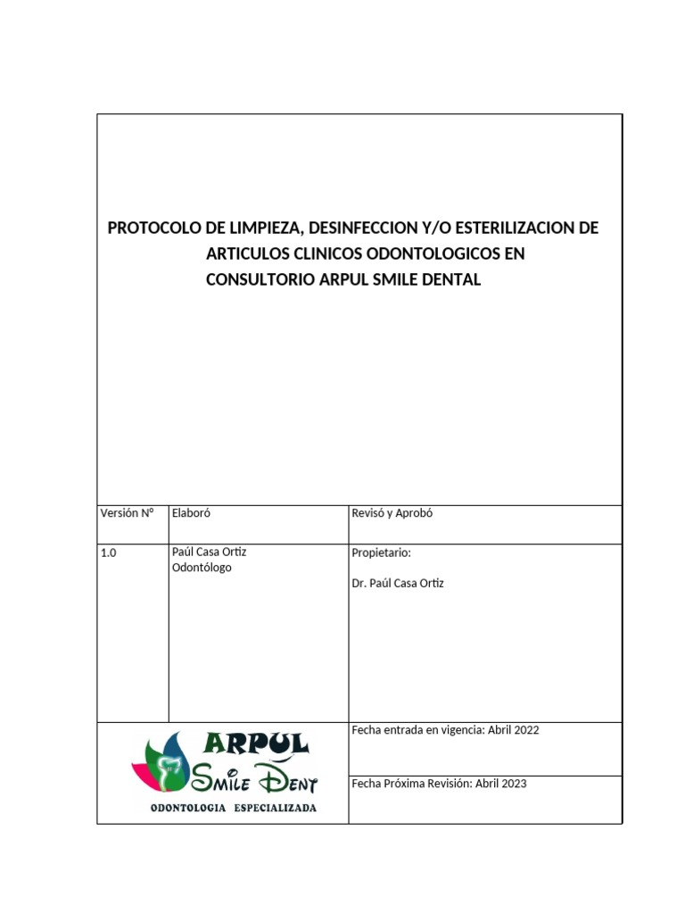 Protocolo de Limpieza Desinfección ARPUL SMILE DENTAL | PDF | Esterilización (Microbiología ...