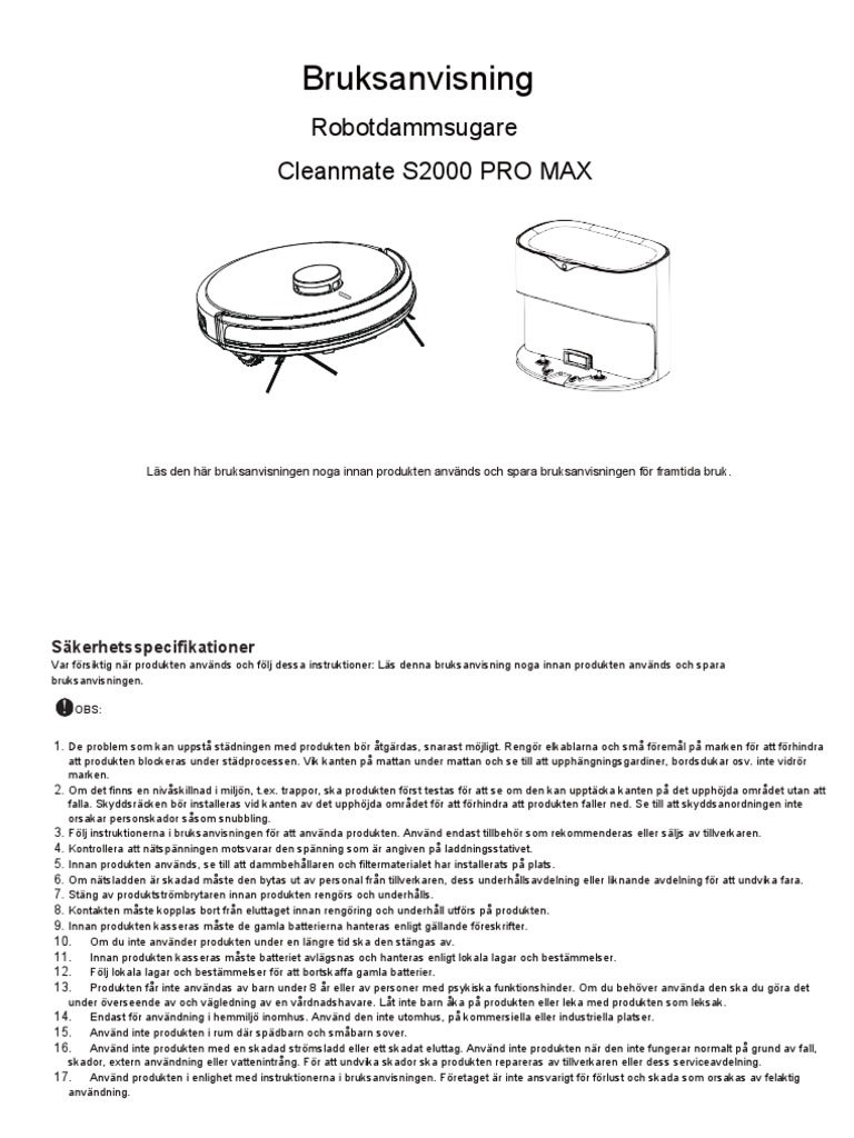 Cleanmate S 2000 PRO MAX Svenska | PDF