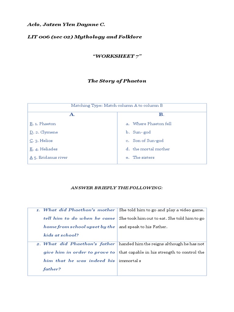 Worksheet 7 | PDF | Zeus | Comparative Mythology