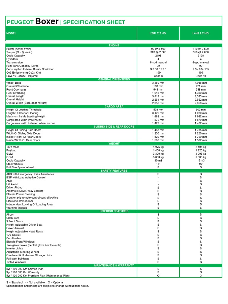 Peugeot Boxer Spec Sheet.415895 | PDF | Door | Anti Lock Braking System