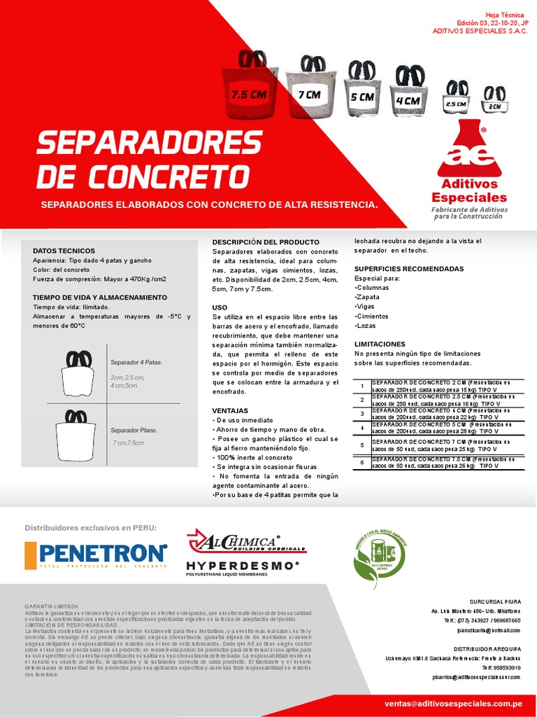 Ficha Tecnica Separadores de Concreto | PDF | Hormigón | Materiales de construcción