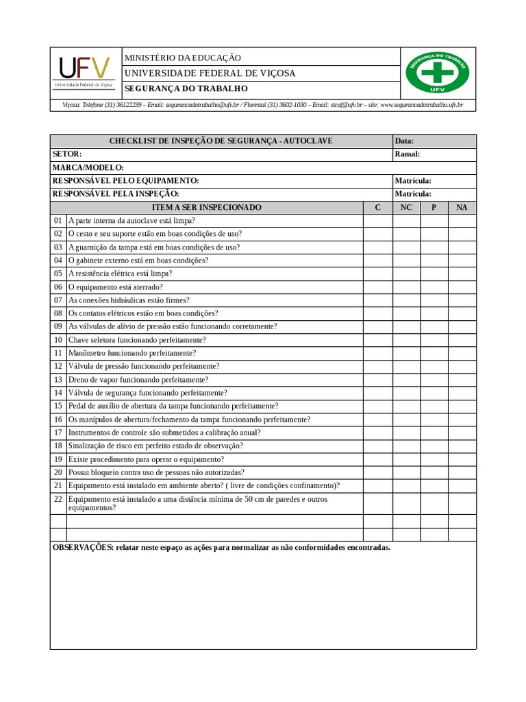 Checklist09 Autoclave Seguranca Atualizado29 0319 | PDF