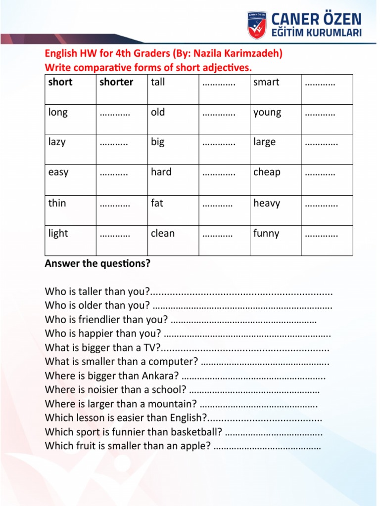 4ler English HW Comparative Forms Short Adj | PDF | Language Arts ...