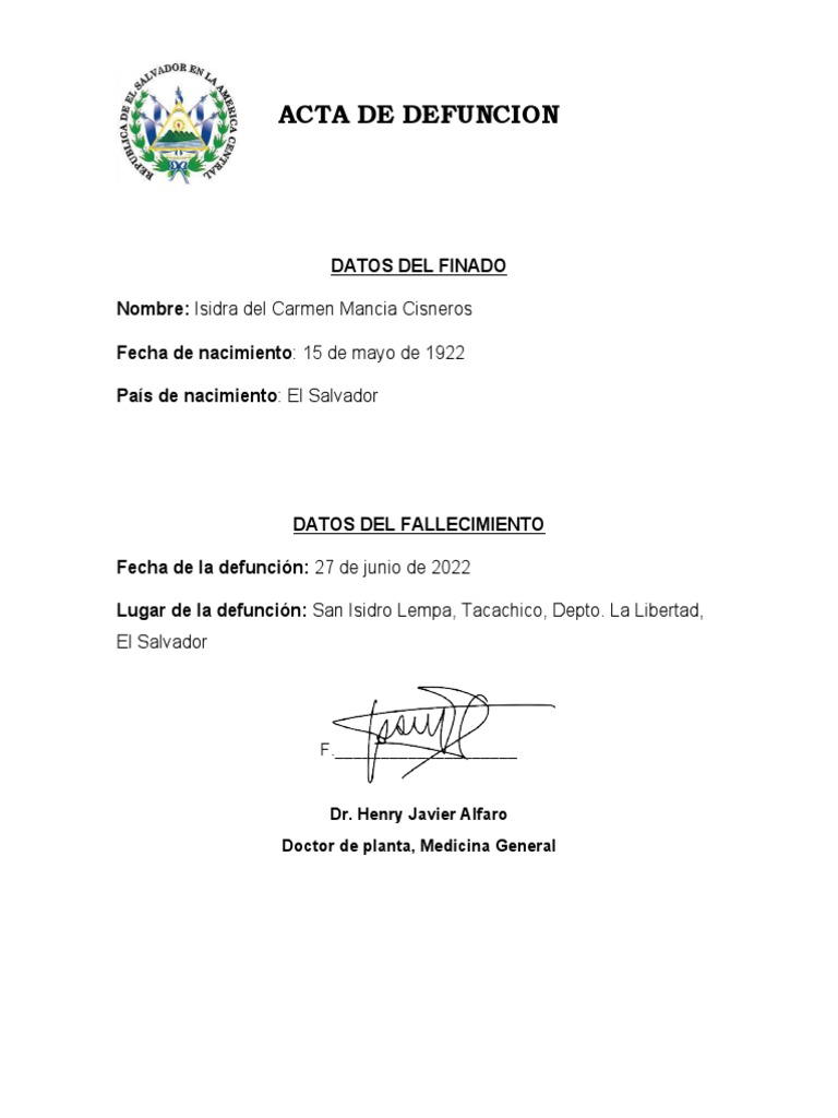 Acta de Defunción Isidra Mancia 2022 | PDF