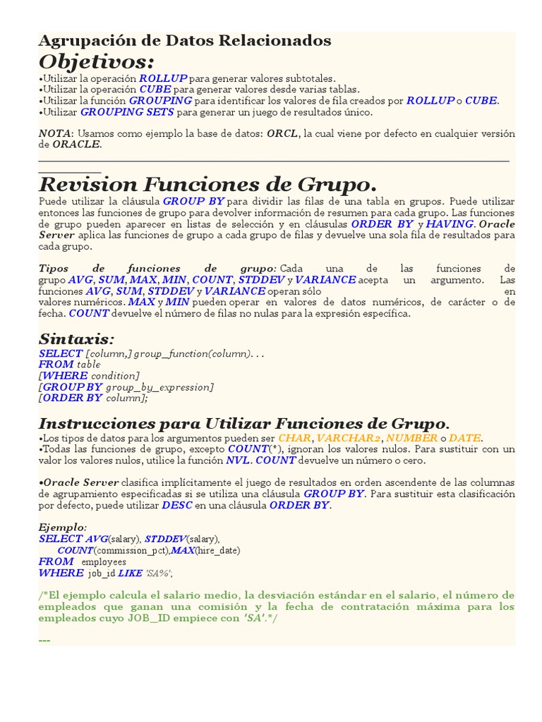 Agrupación de Datos Relacionados (GROUP By) | PDF | SQL | Función ...