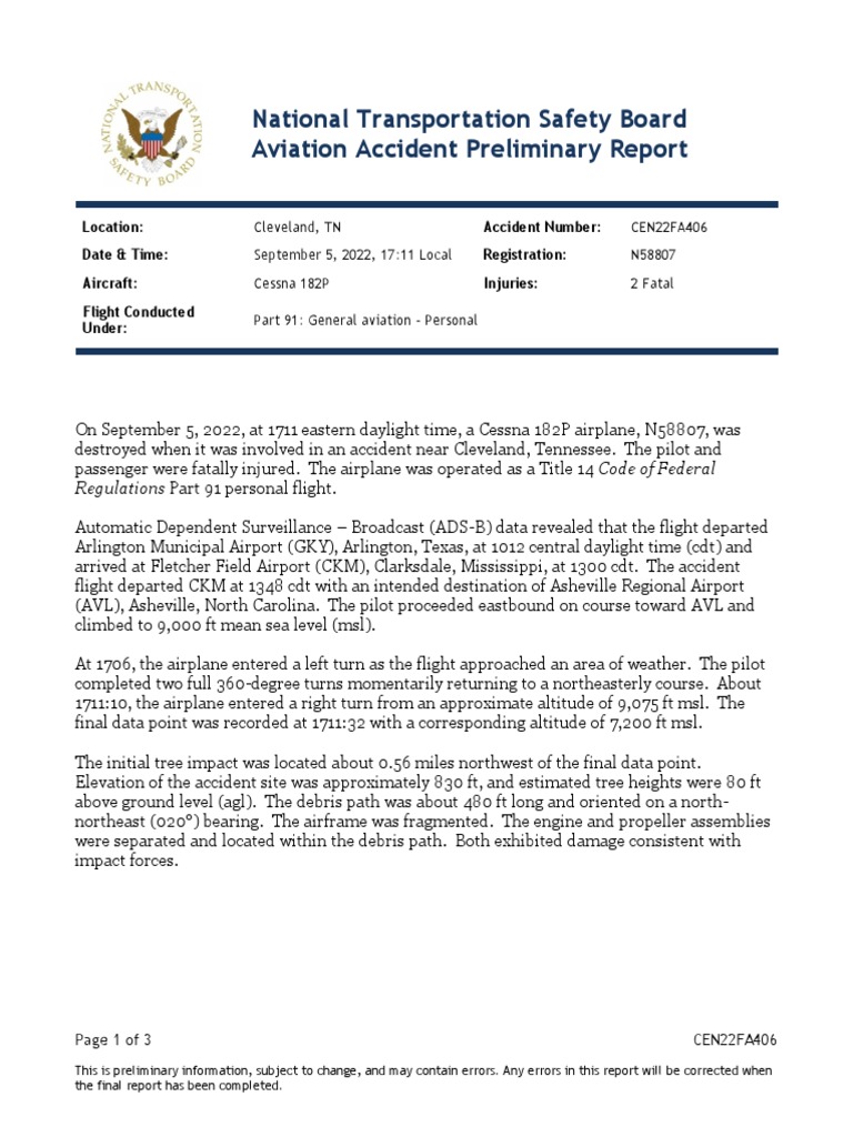 Deadly Cleveland Plane Crash: NTSB Releases Preliminary Report | PDF | Aircraft | Altitude