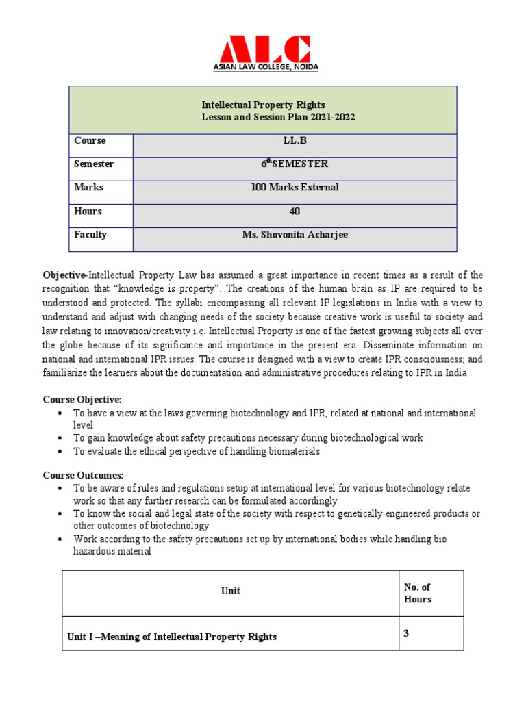 IPR Lesson and Session Plan 2021 2022 | PDF | Intellectual Property | Patent