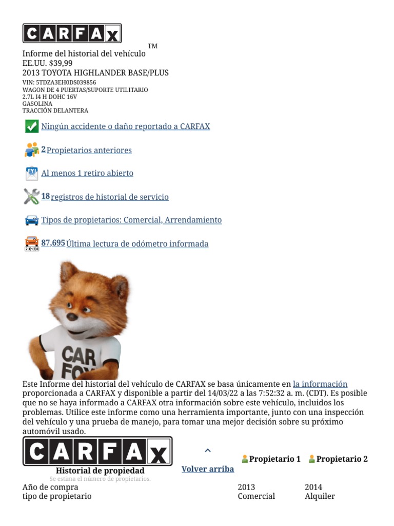 Informe de Historial de Vehículos CARFAX | PDF | Vehículos de ruedas ...