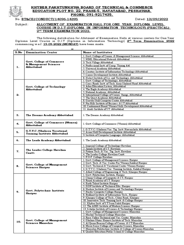 Practical Hall Allotment DIT 2nd Term Exam 2022 | PDF | Institute Of Technology | Science