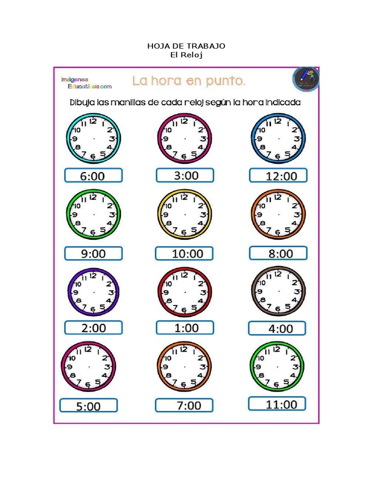 Hojas De Trabajo Para Aprender A Usar El Reloj