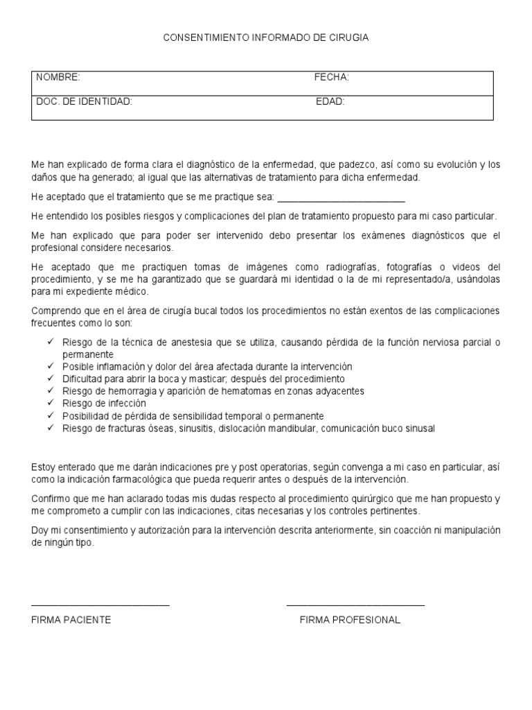 Consentimiento Informado de Cirugia | PDF