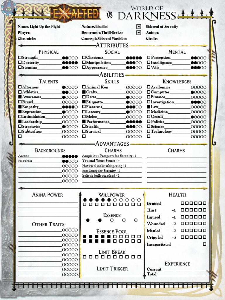 Light Up The Night Character Sheet | PDF