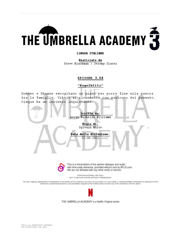 The Umbrella Academy ITALIAN Transcript 304 Kugelblitz | PDF