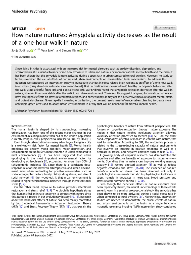 How Nature Nurtures. Amygdala Activity Decreases As The Result of A One ...