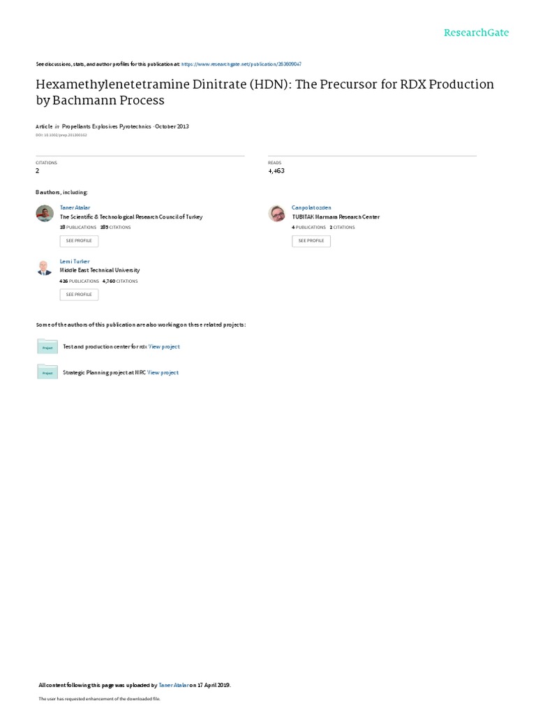 Hexamethylenetetramine Dinitrate (HDN) : The Precursor For RDX ...