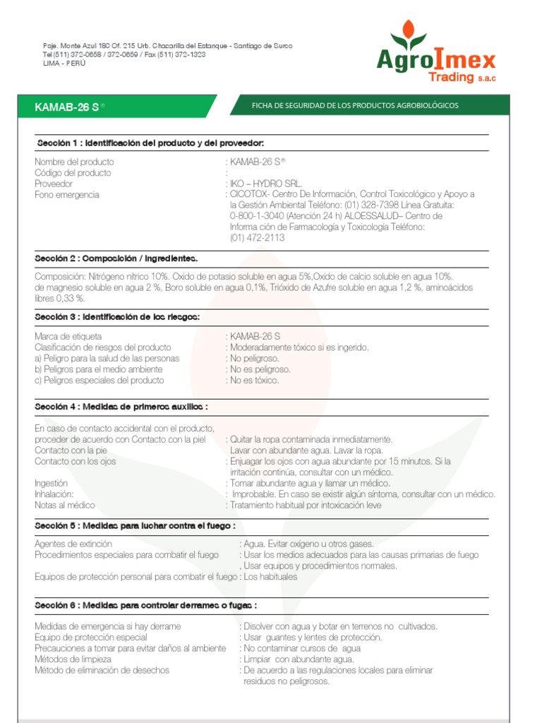 Kamab 26 MSDS | PDF | Agua | Residuos
