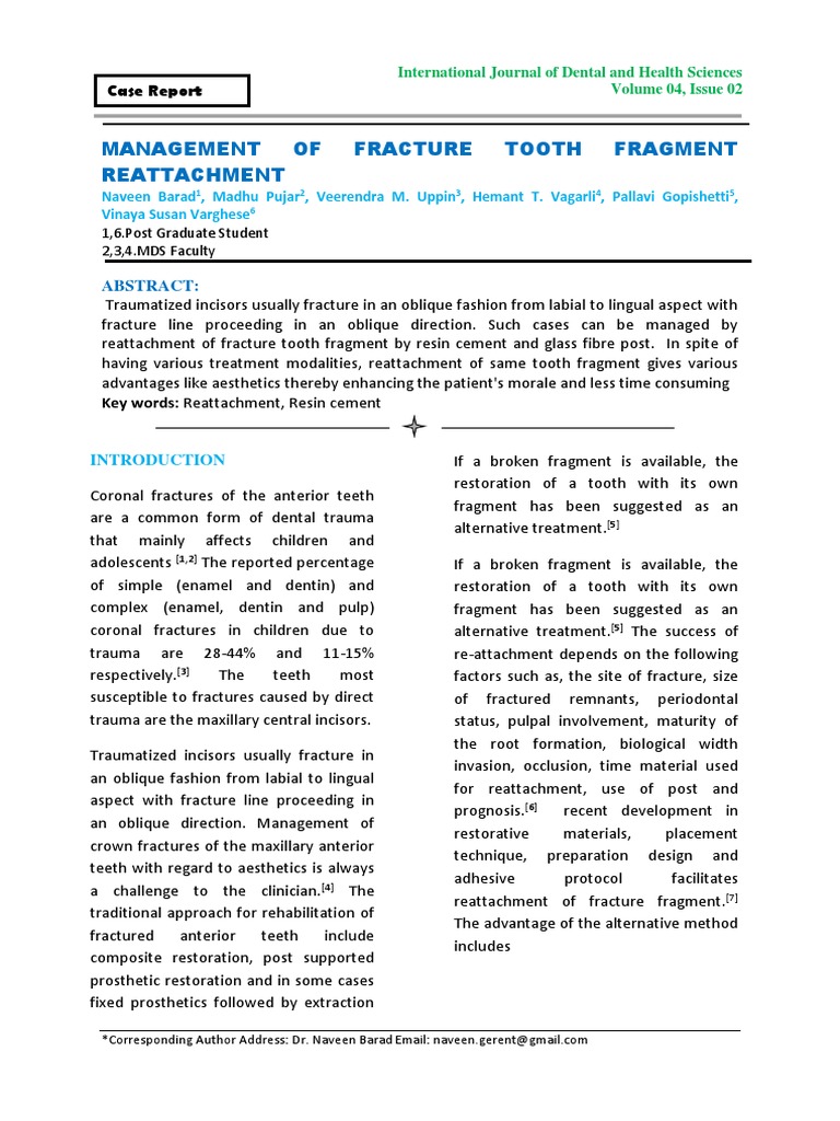 Management of Fracture Tooth Fragment Reattachment: Case Report | PDF ...