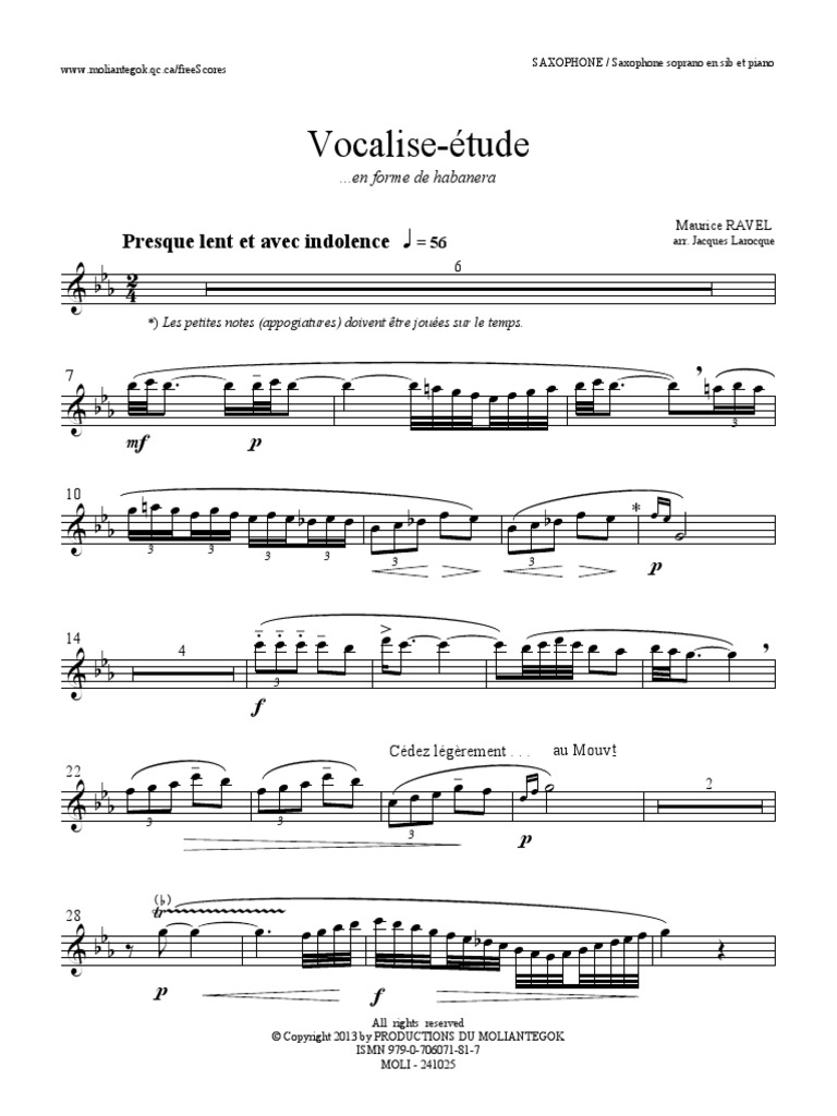 RAVEL-Vocalise-Etude Sax Sop-Pno - Soprano Sax | PDF | Saxophone ...