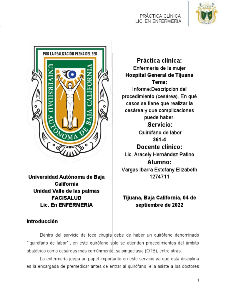 Informe de Practicas Quirofano de Toco CX | PDF | Parto | Placenta