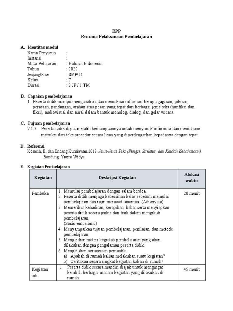 Format RPP Kelas 7 KUMER | PDF