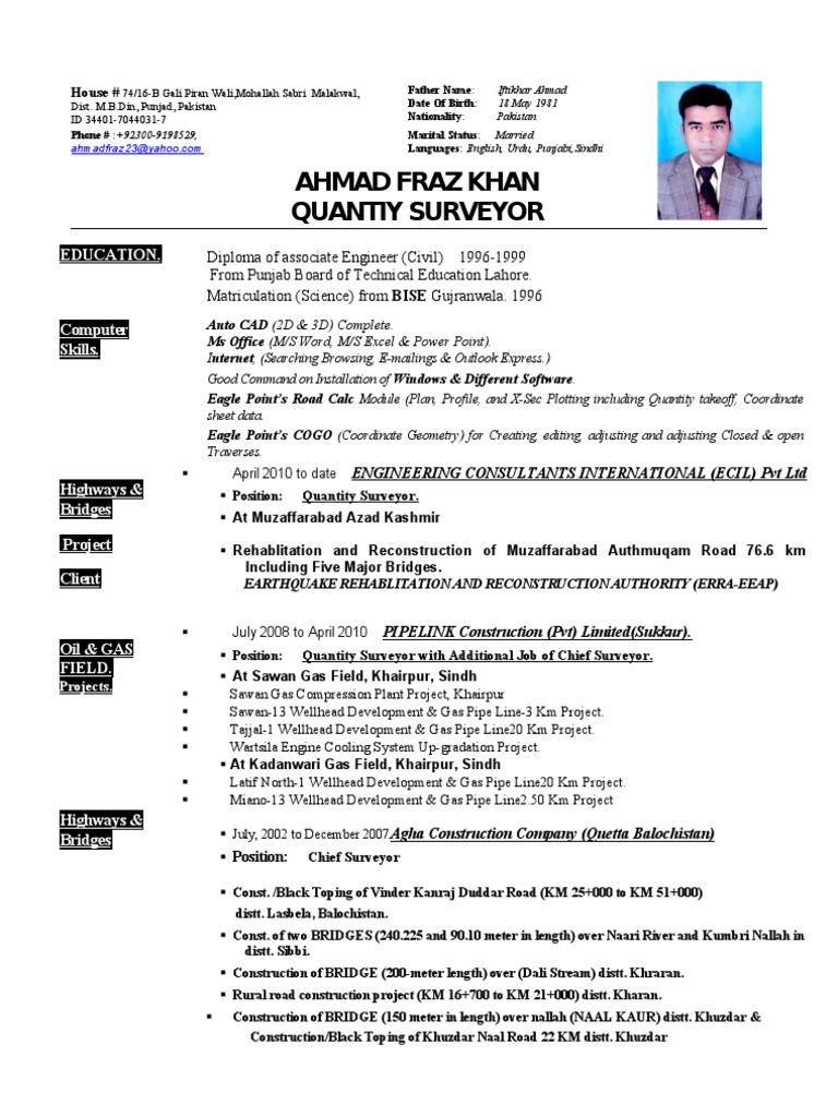 CV Professional Ahmad Fraz (QUANTITY SURVEYOR) | PDF | Construction Bidding | Surveying
