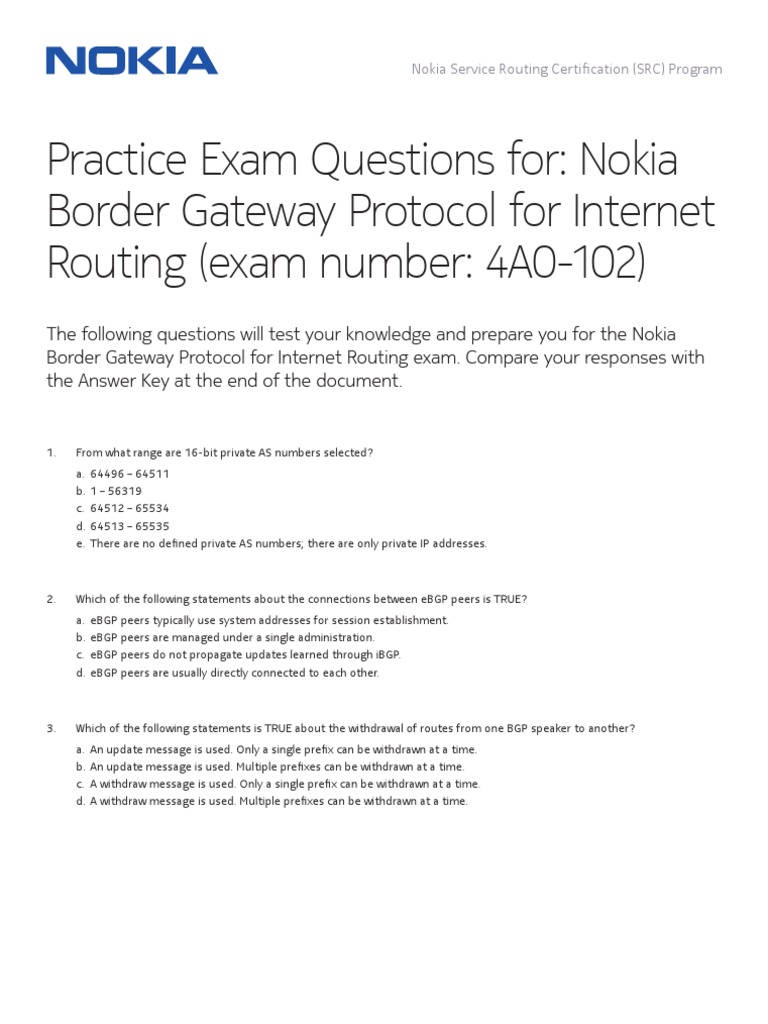 Nokia Practice Exam Questions For Border Gateway Protocol For Internet ...