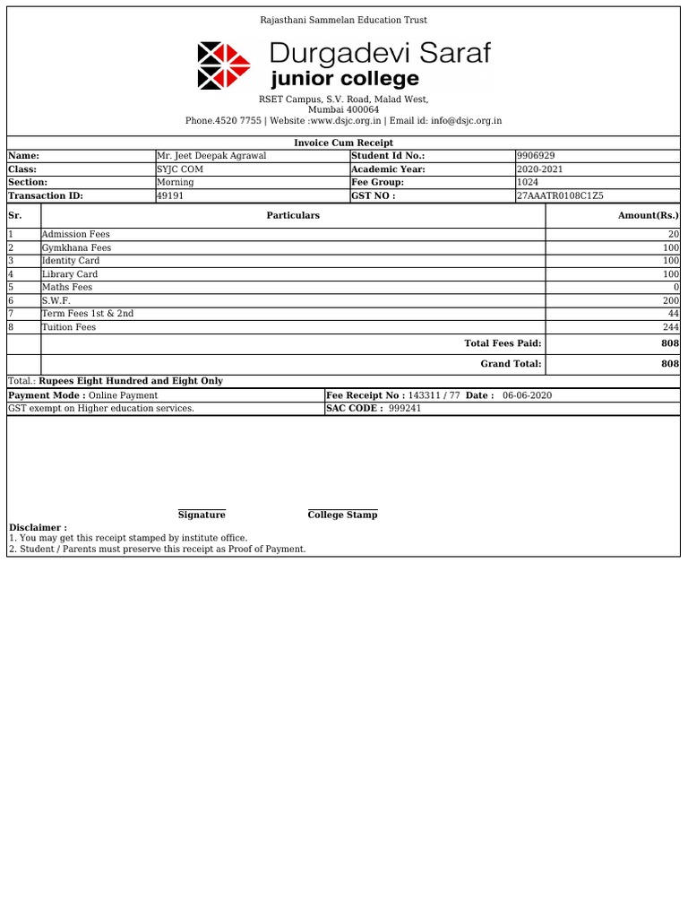 Student Fee Receipt 2020-2021 | PDF