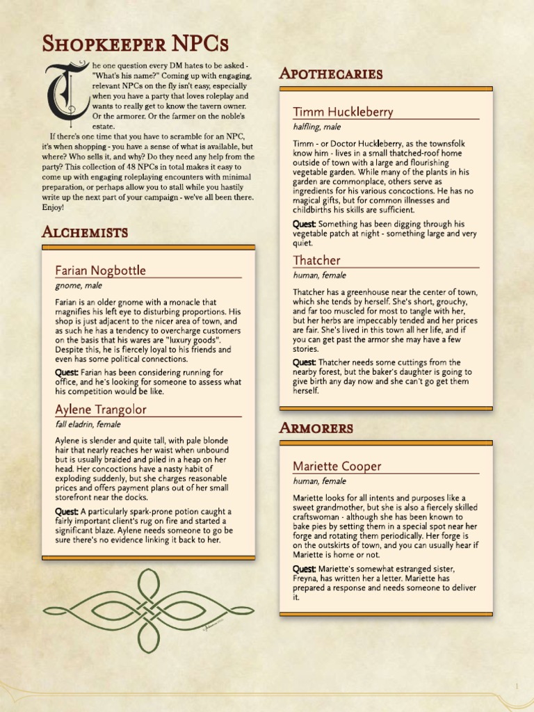 Shopkeeper NPCs | PDF