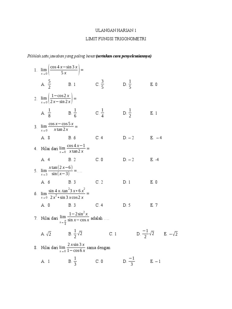 ULANGAN HARIAN 1 Limit Fungsi Trigonometri 2223 | PDF