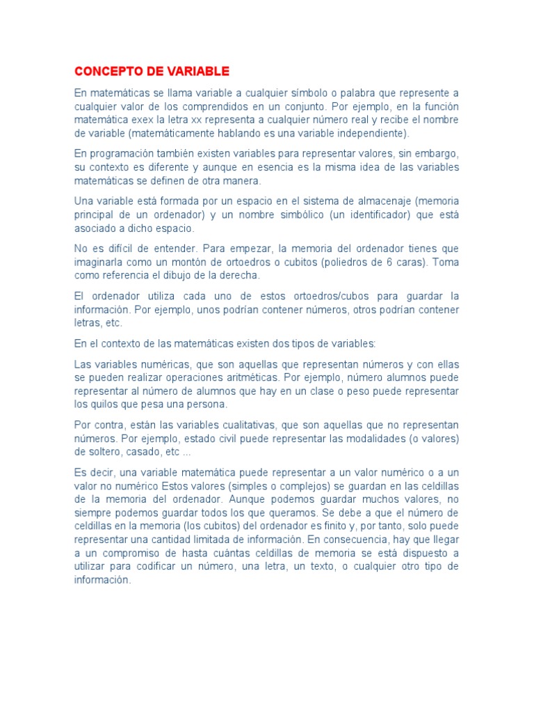 Concepto de Variable | PDF | Función (Matemáticas) | Variable (informática)