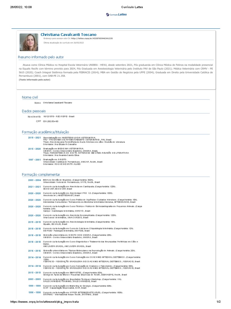 CV Lattes 2022 Chris Toscano | PDF | Medicina Veterinária | Remédio