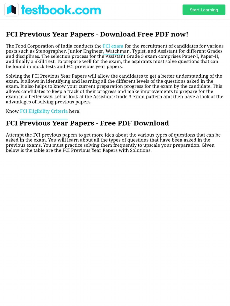FCI Previous Year Papers - Download Free PDF Now! | PDF