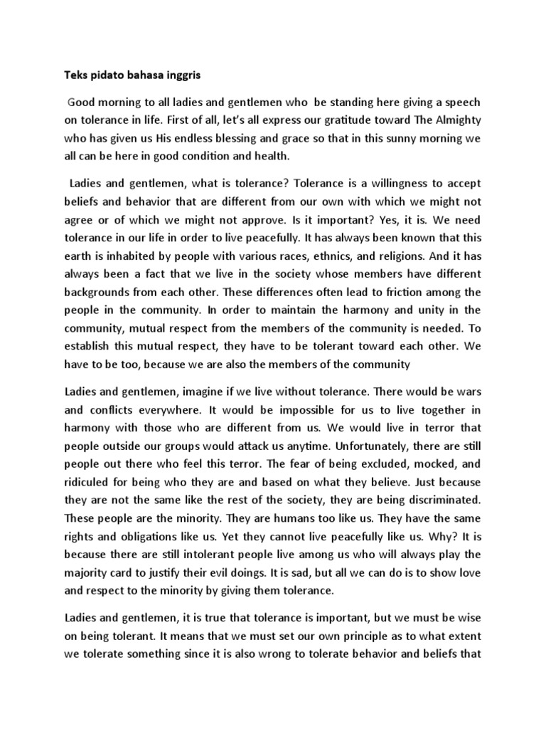 Teks Pidato Bahasa Inggris | PDF | Toleration | Applied Ethics